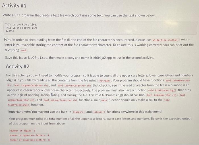 Solved Activity #1 Write a C++program that reads a text file | Chegg.com