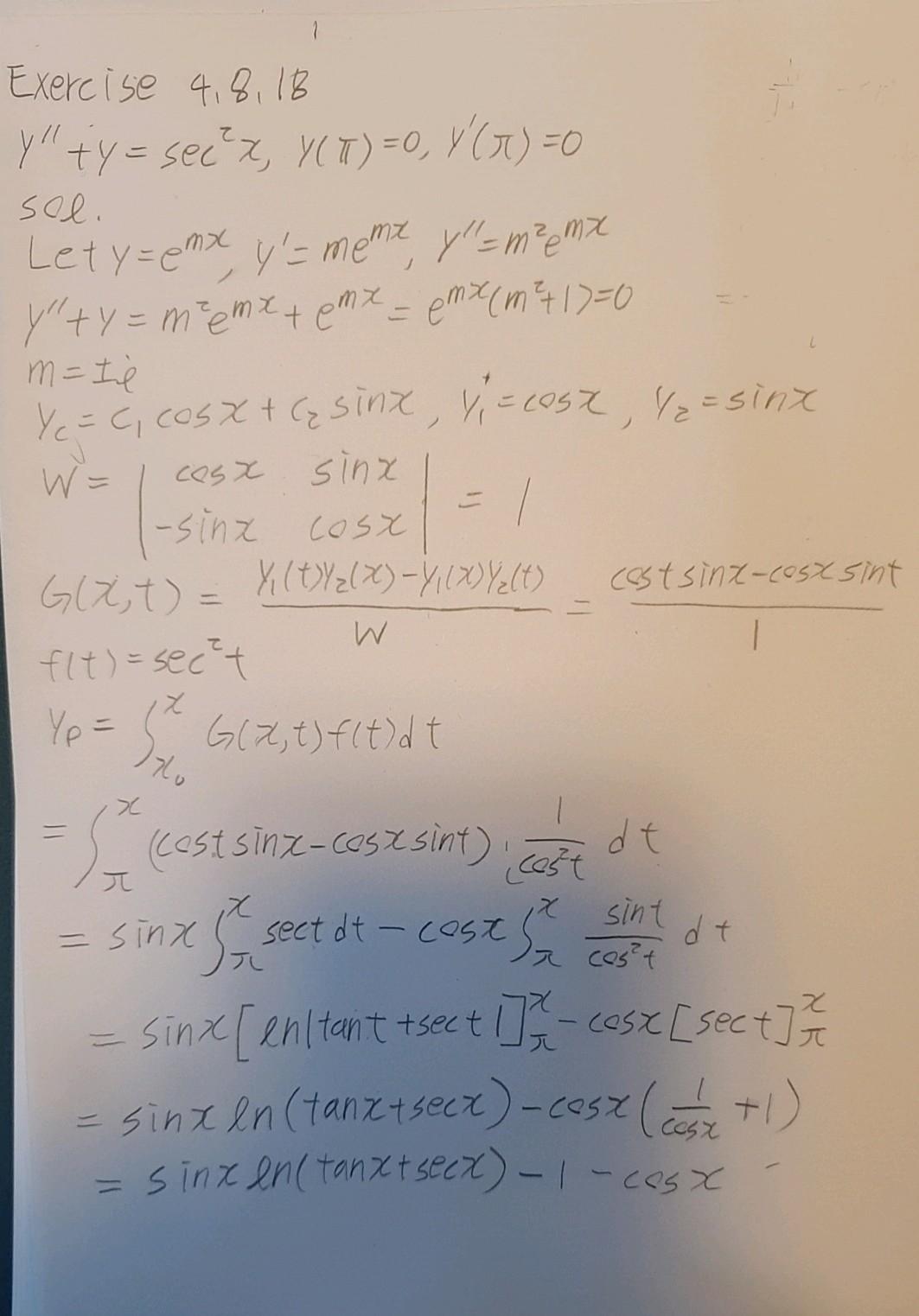 Solved Exercise 4,8,18 y′′+y=sec2x,y(π)=0,y′(π)=0 sol. Let | Chegg.com