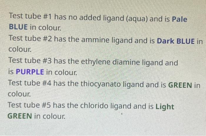 Ligand Colour Formula of complexTest tube #1 has no | Chegg.com
