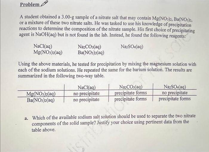 Solved A student obtained a 3.00-g sample of a nitrate salt | Chegg.com