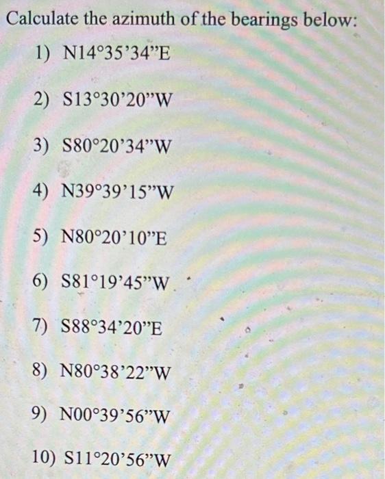 Solved Calculate the azimuth of the bearings below: 1) N14 | Chegg.com