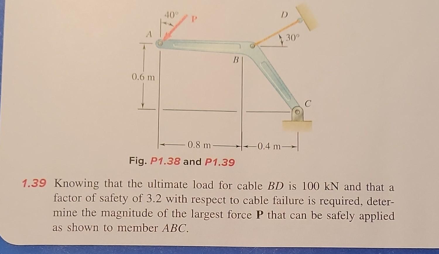 Solved 1.39 Knowing that the ultimate load for cable BD is | Chegg.com