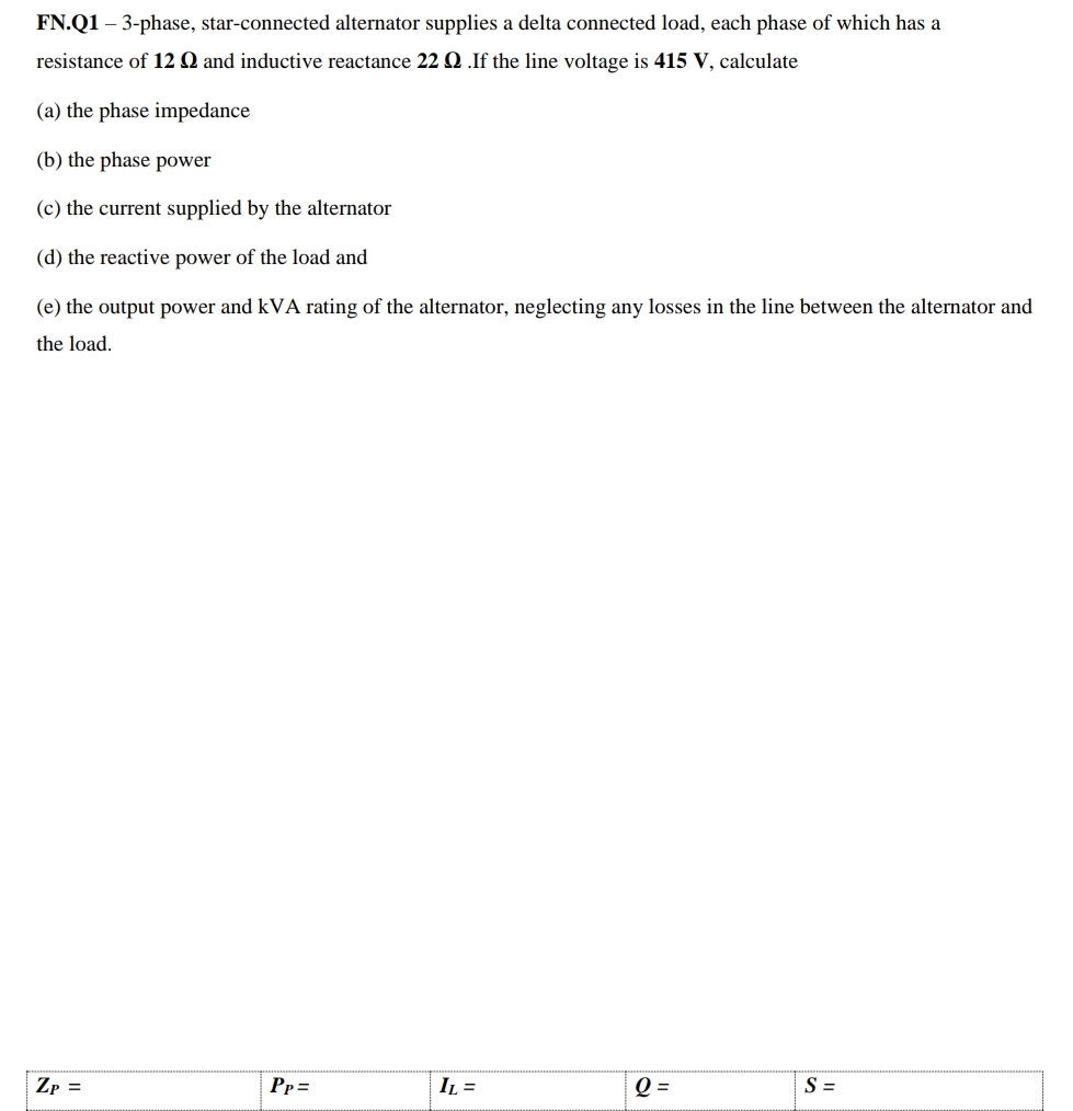 Solved FN.Q1 - 3-phase, star-connected alternator supplies a | Chegg.com