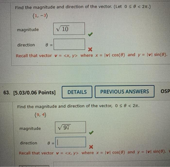 Solved Find the magnitude and direction of the vector. (Let | Chegg.com