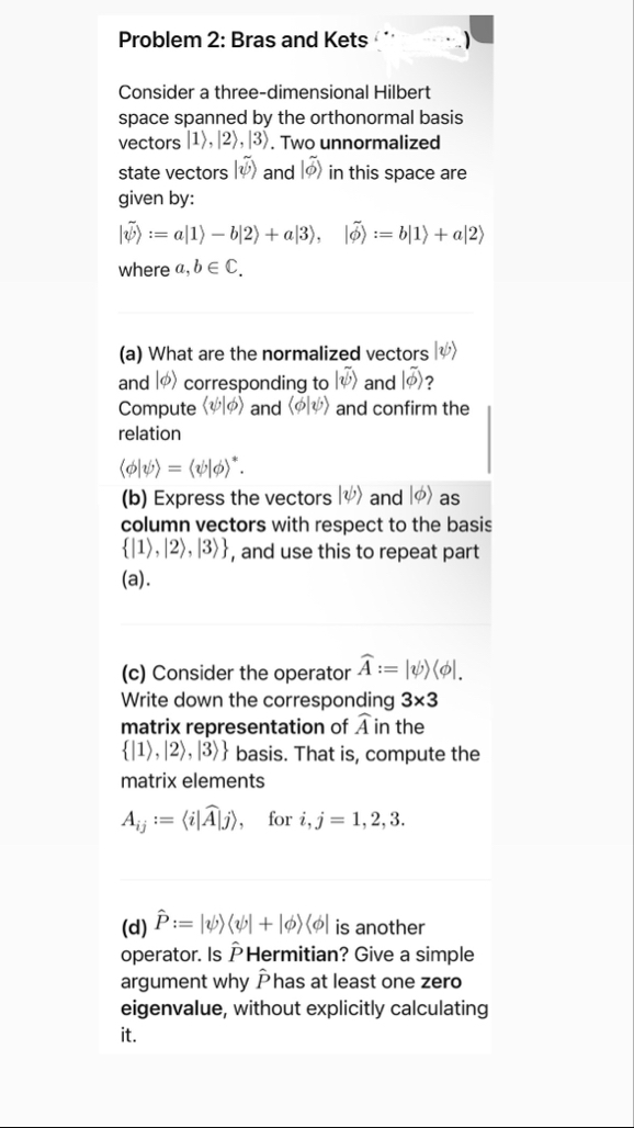 Solved Problem 2: Bras and KetsConsider a three-dimensional | Chegg.com