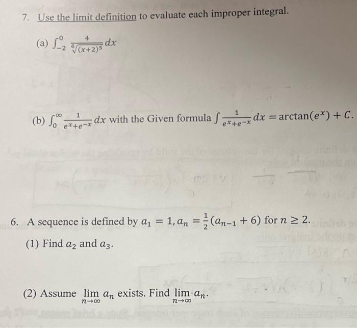 Solved 7. Use the limit definition to evaluate each improper | Chegg.com