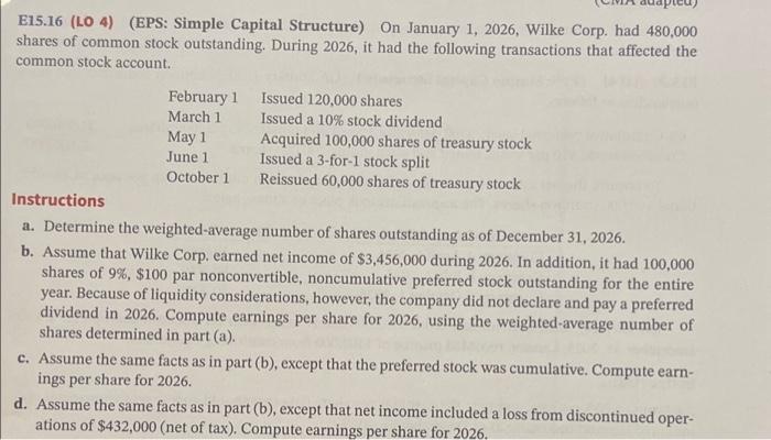 Solved E15.16 (LO 4) (EPS: Simple Capital Structure) On | Chegg.com