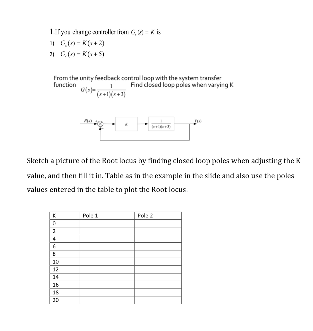 Solved 1.If you change controller from Gc(s)=K | Chegg.com