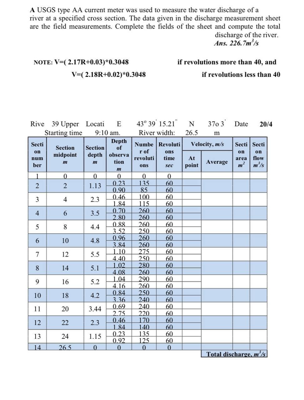 Solved A USGS type AA current meter was used to measure the | Chegg.com