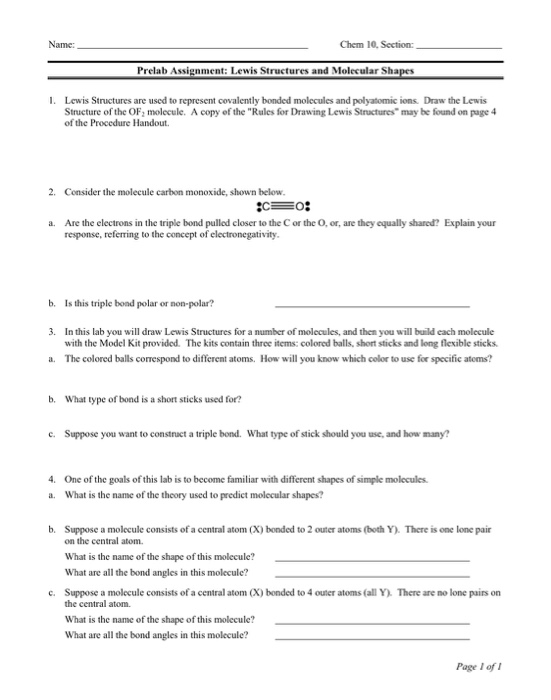 Solved Name Chem 10, Section Prelab Assignment: Lewis | Chegg.com