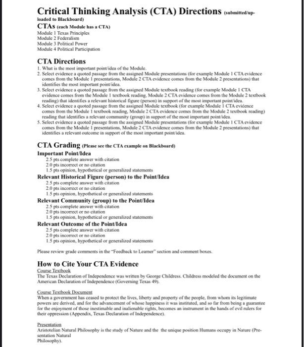 Critical Thinking Analysis (CTA) Directions | Chegg.com