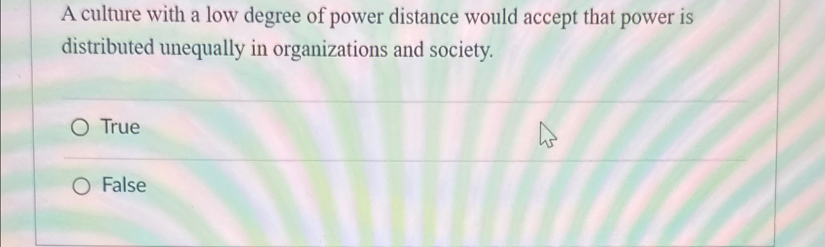 Solved A culture with a low degree of power distance would | Chegg.com