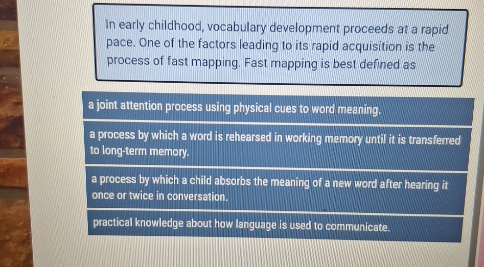 Solved In early childhood, vocabulary development proceeds | Chegg.com