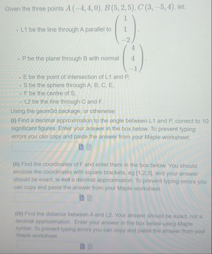 Solved Given the three points A(-4,4,0),B(5,2,5),C(3,-5,4), | Chegg.com