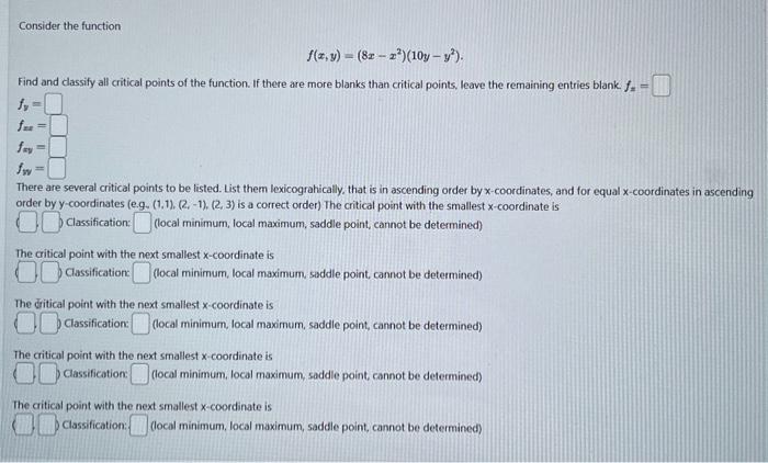 Solved Consider the function f(x,y)=(8x-x^2)(10y-y^2) find | Chegg.com