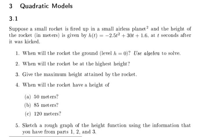 Solved 3 Quadratic Models 3 1 Suppose A Small Rocket Is