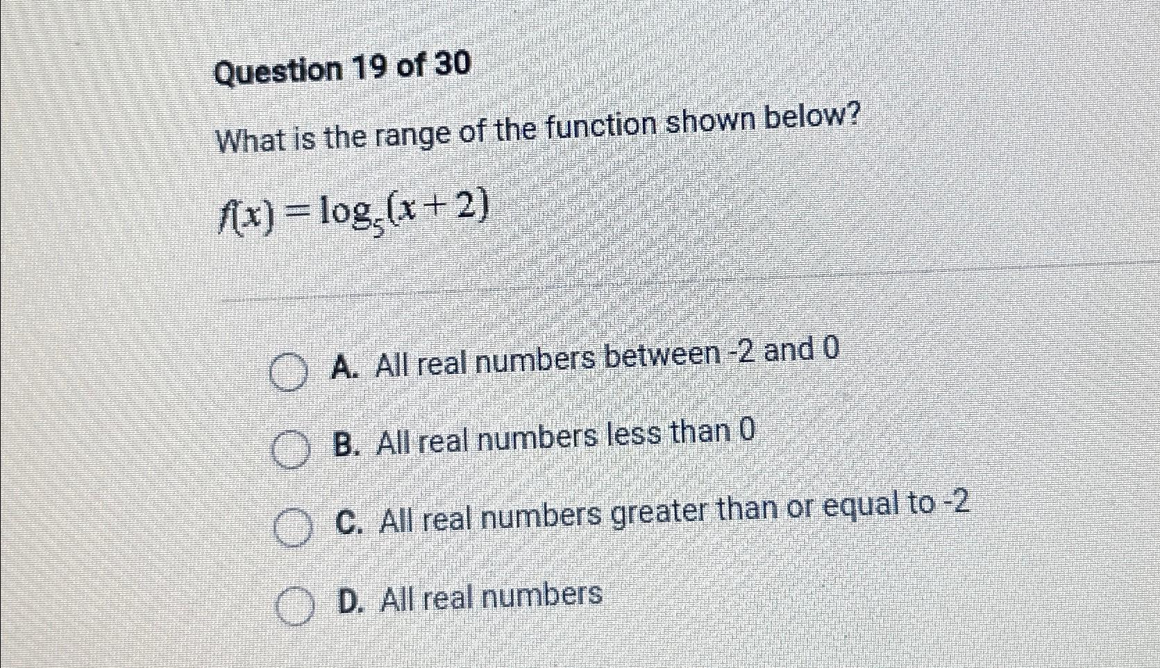 Solved Question 19 of 30What is the range of the function | Chegg.com Solved Question 19 of 30What is the range of the function | Chegg.com