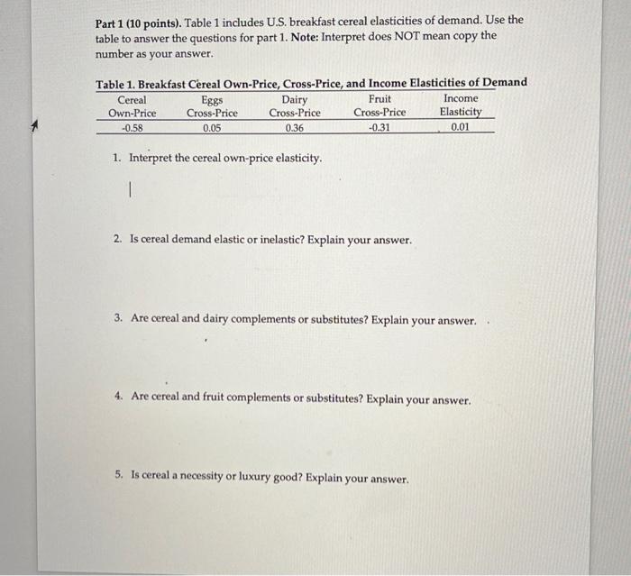 Solved Part 1 (10 points). Table 1 includes U.S. breakfast | Chegg.com