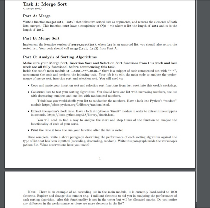 Task 1: Merge Sort | Chegg.com