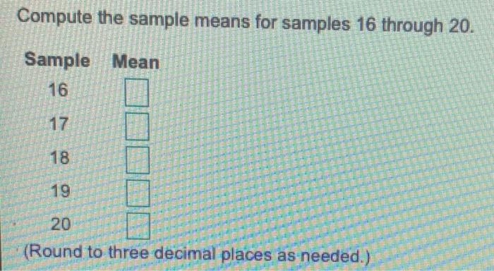 Solved Compute the sample means for samples 16 through 20. | Chegg.com