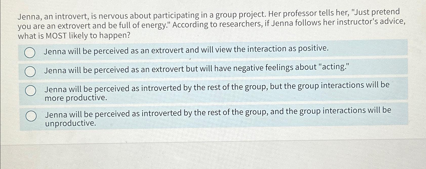 Solved Jenna, an introvert, is nervous about participating | Chegg.com