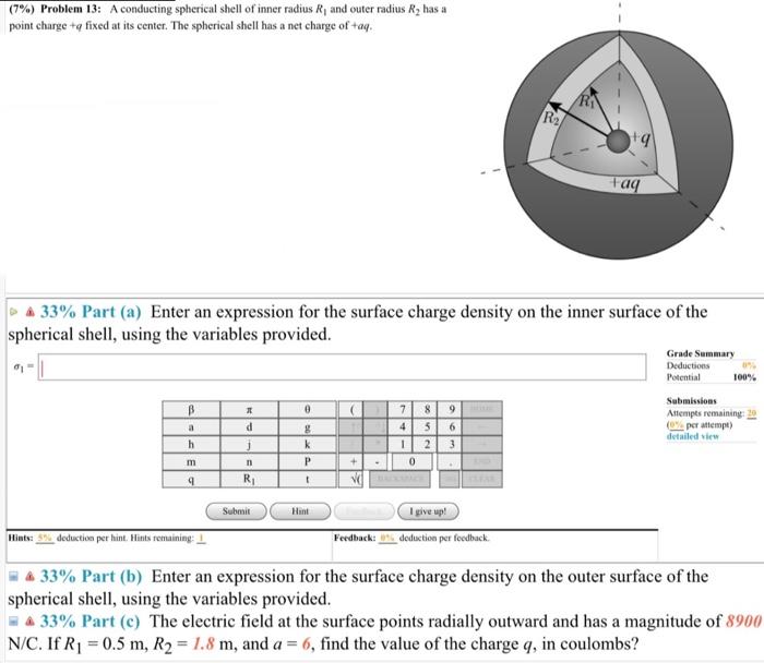 Solved (7%) Problem 13: A conducting spherical shell of | Chegg.com