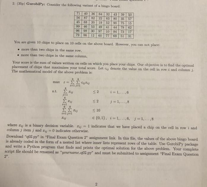 Solved 2. (35p) GurobiPy: Consider the following variant of | Chegg.com