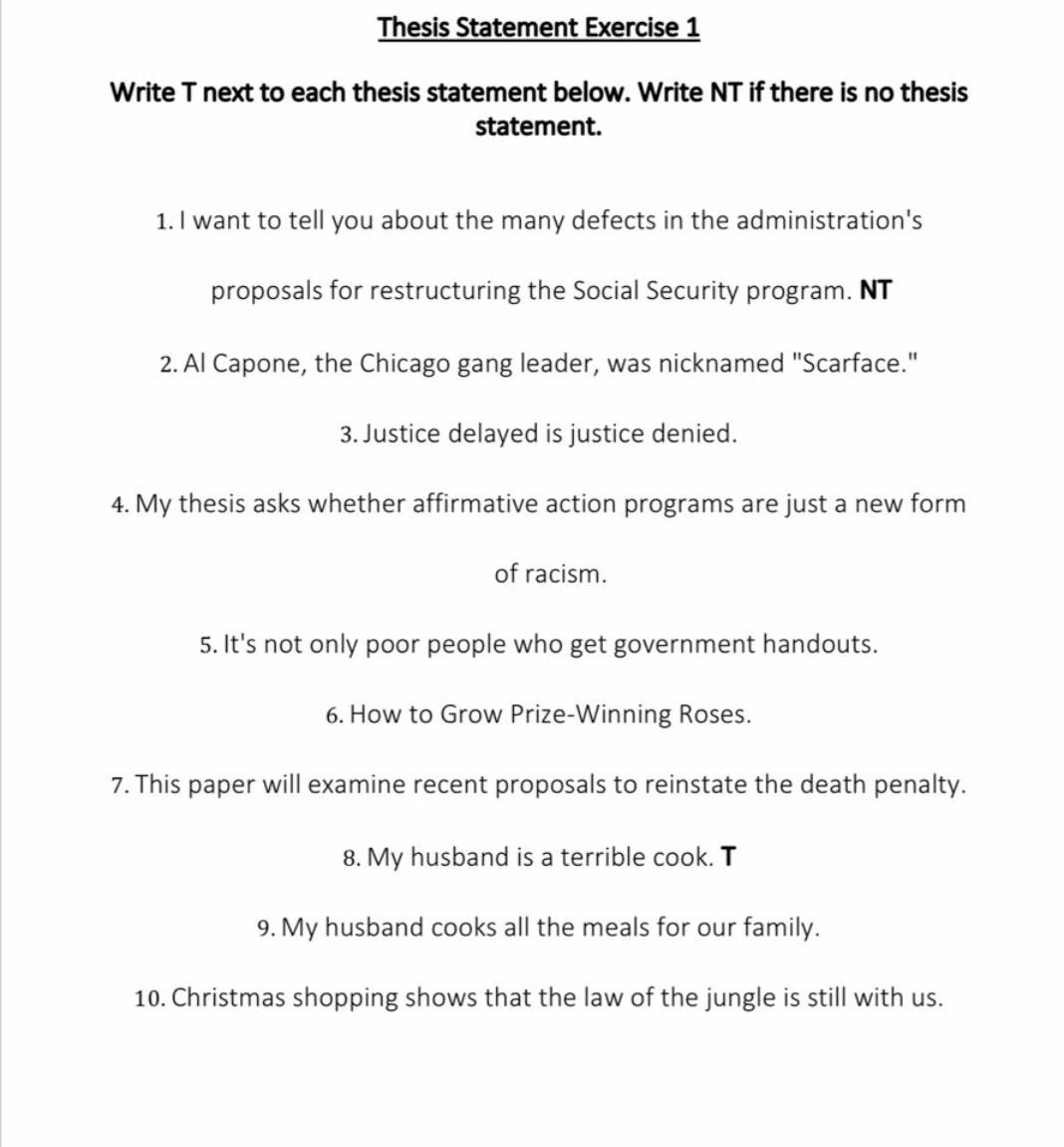 Solved Thesis Statement Exercise 1 Write T next to each | Chegg.com