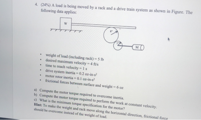 Solved 4. (24%) A load is being moved by a rack and a drive | Chegg.com