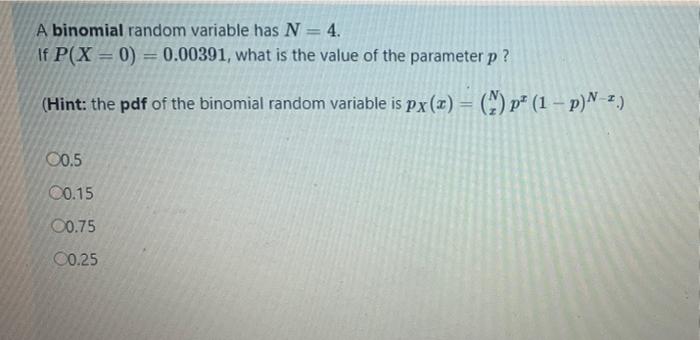 Solved A binomial random variable has N = 4. If P(X = 0) = | Chegg.com