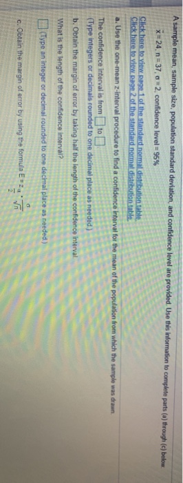 Solved A sample mean, sample size, population standard | Chegg.com