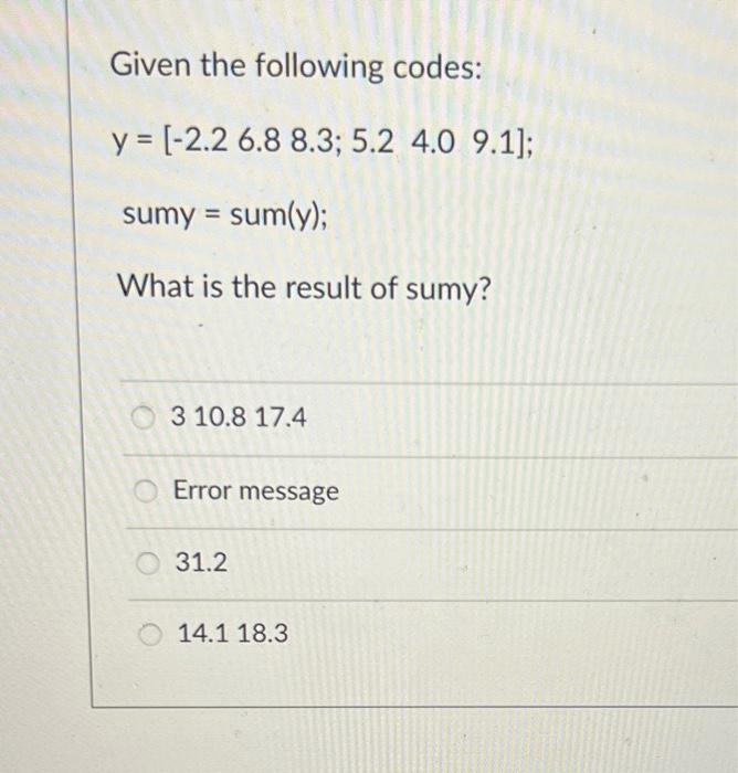 Solved Given the following codes: sumy =sum(y); What is | Chegg.com