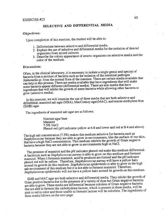 Solved EXERCISE $25 65 SELECTIVE AND DIFFERENTIAL MEDIA | Chegg.com