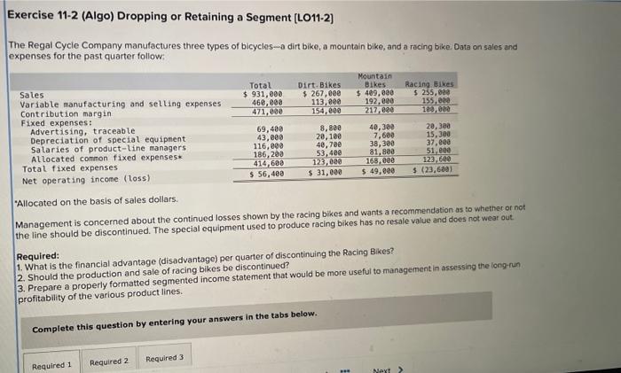 Solved Exercise 11-2 (Algo) Dropping or Retaining a Segment | Chegg.com