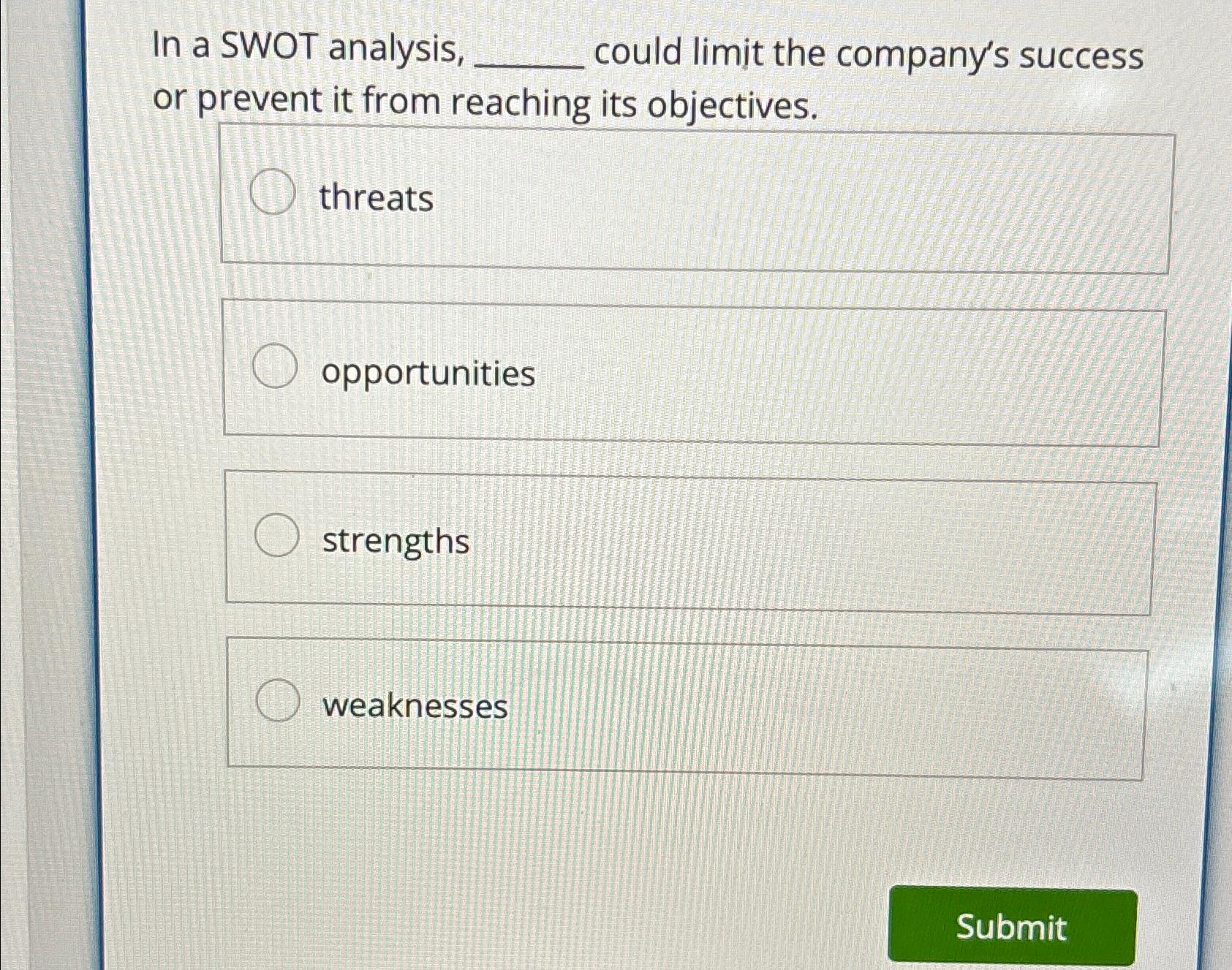Solved In a SWOT analysis, could limit the company's success | Chegg.com