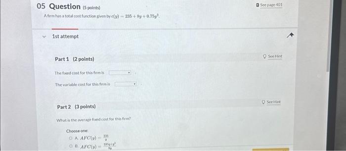 Solved 05 Question (5 points) Afreri has a total cost | Chegg.com