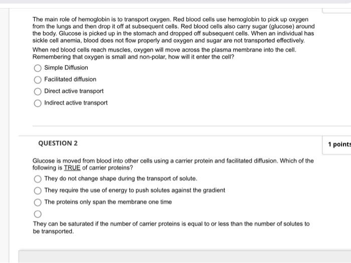 Solved The main role of hemoglobin is to transport oxygen. | Chegg.com