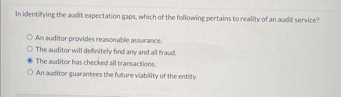 Solved In identifying the audit expectation gaps, which of | Chegg.com