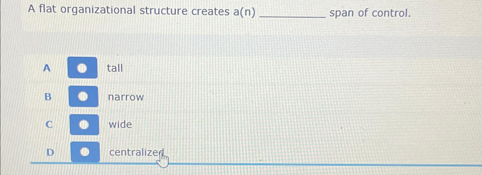 Solved A flat organizational structure creates a(n) ﻿span of | Chegg.com
