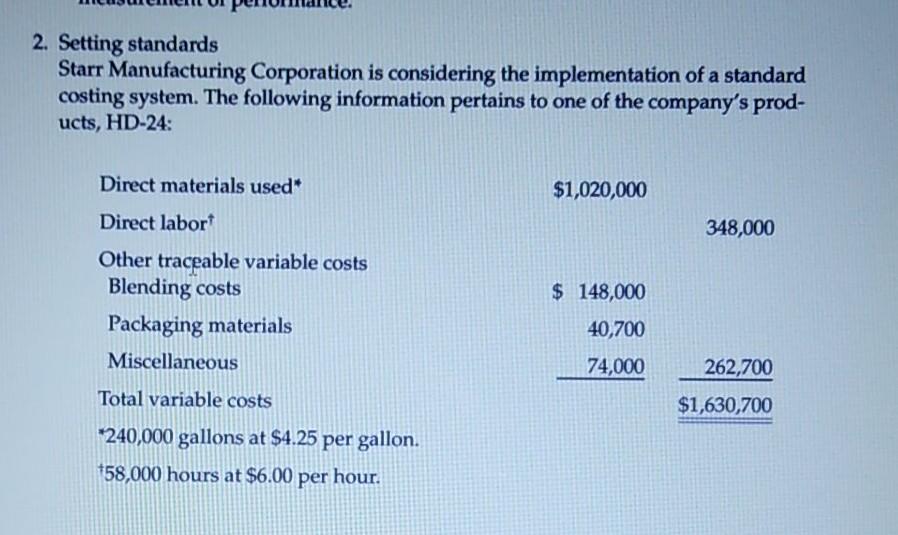 2. Setting standards Starr Manufacturing Corporation | Chegg.com