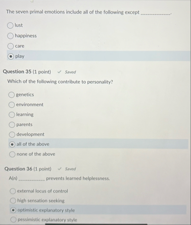Solved The seven primal emotions include all of the | Chegg.com