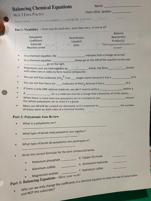 Solved Balancing Chemical Equations Week 5 Extra Practice | Chegg.com