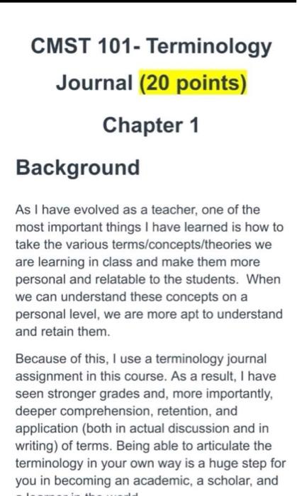CMST 101- Terminology Journal (20 points) Chapter 1 | Chegg.com