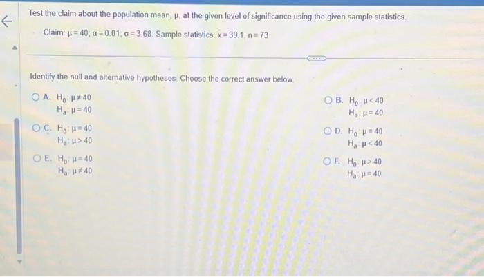 Solved Test the claim about the population mean, μ, at the | Chegg.com