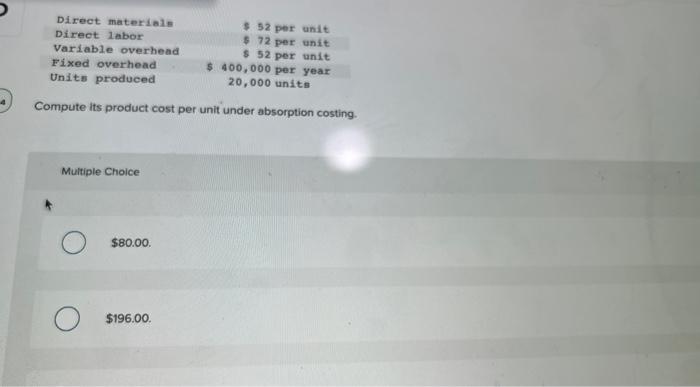 Solved Compute its product cost per unit under absorption | Chegg.com