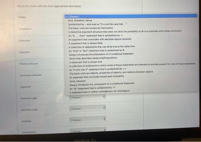 Solved Match the term with the most appropriate descriptor | Chegg.com