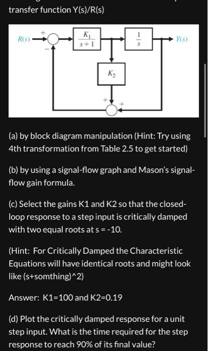 transfer function Y(s)/R(s) (a) by block diagram | Chegg.com