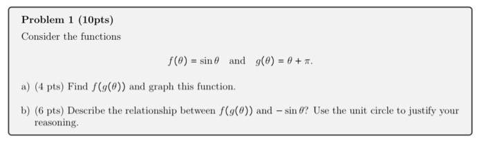 Solved Problem 1 (10pts) Consider the functions f(0) = sin 0 | Chegg.com
