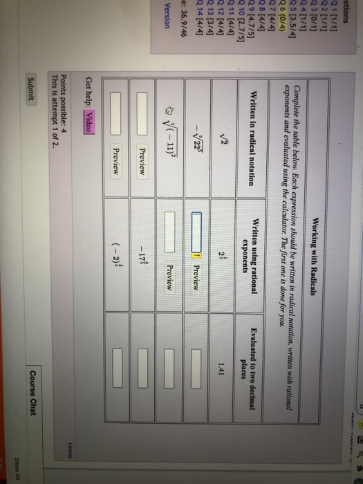Solved Working with Radicals Complete the table below. Each | Chegg.com