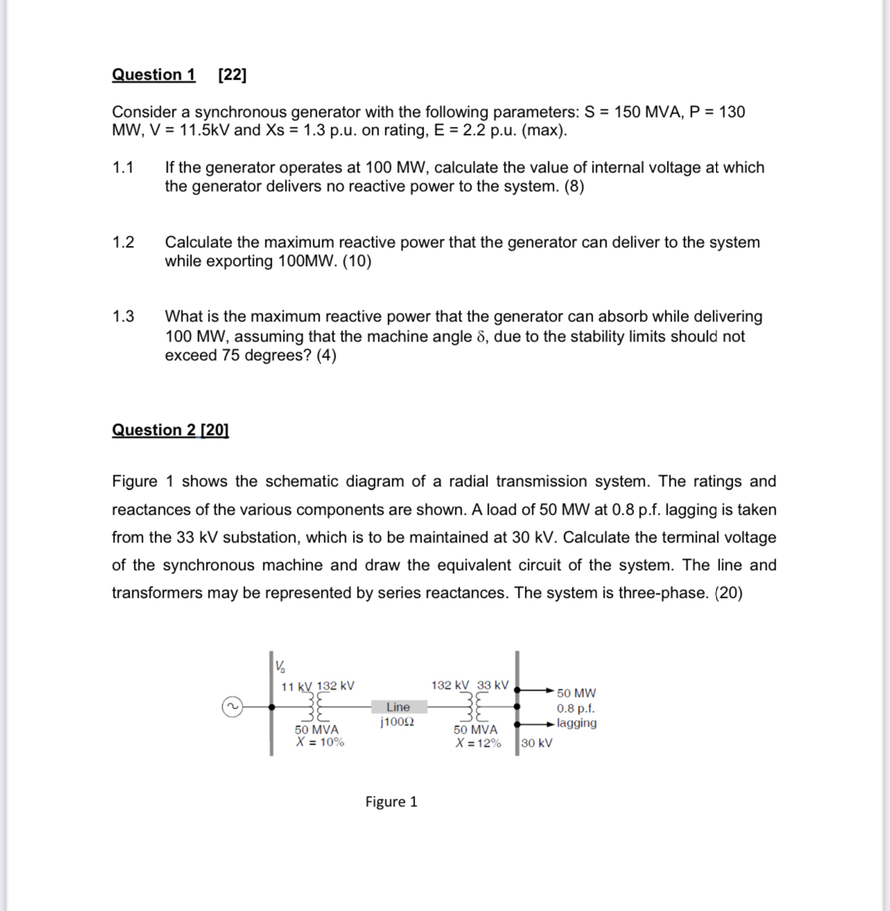 Question 1 [22]Consider a synchronous generator with | Chegg.com